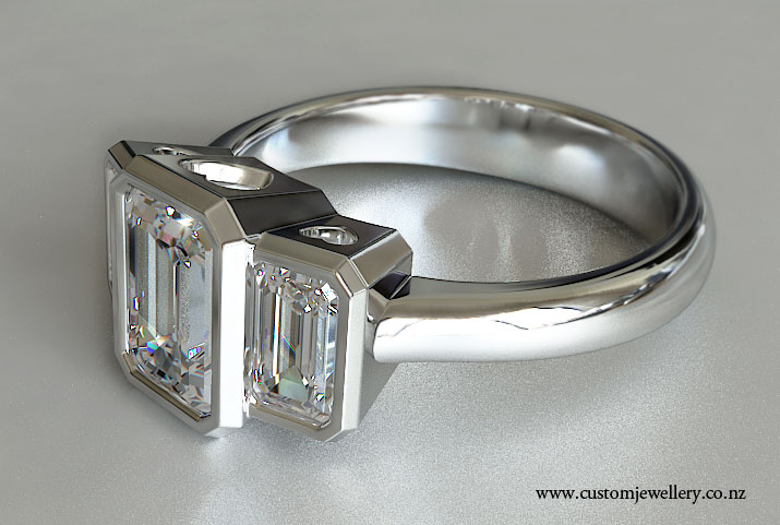 Emerald Cut Three Stone Bezel Set Engagement Ring New Zealand